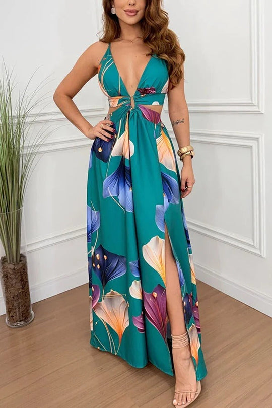 Seinah Floral Print Cutout Waist Open Back Lace-up Slit Maxi Dress ...