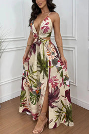 Seinah Floral Print Cutout Waist Open Back Lace-up Slit Maxi Dress ...