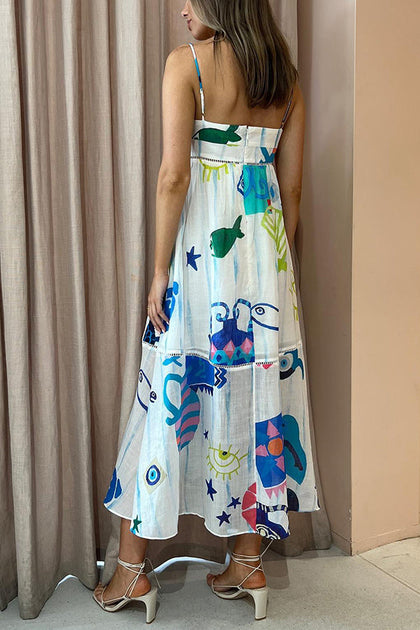She's The Fun Linen Blend Playful Print Ladder Trim Midi Dress – IvaGirl